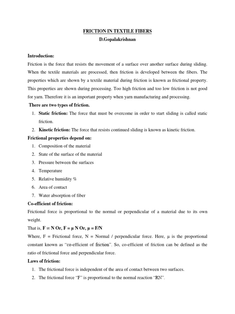 FRICTION_IN_TEXTILE_FIBERS | Download Free PDF | Friction | Yarn