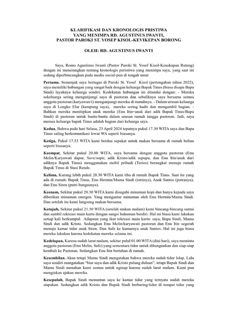 Klarifikasi Dan Kronologis Romo Agustinus Iwanti, PR | PDF