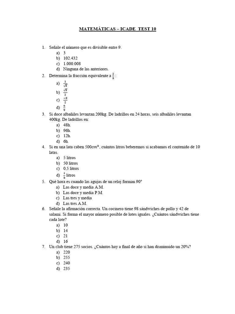 Matematicas Test 10 | PDF | Matriz (Matemáticas) | Geometría analítica