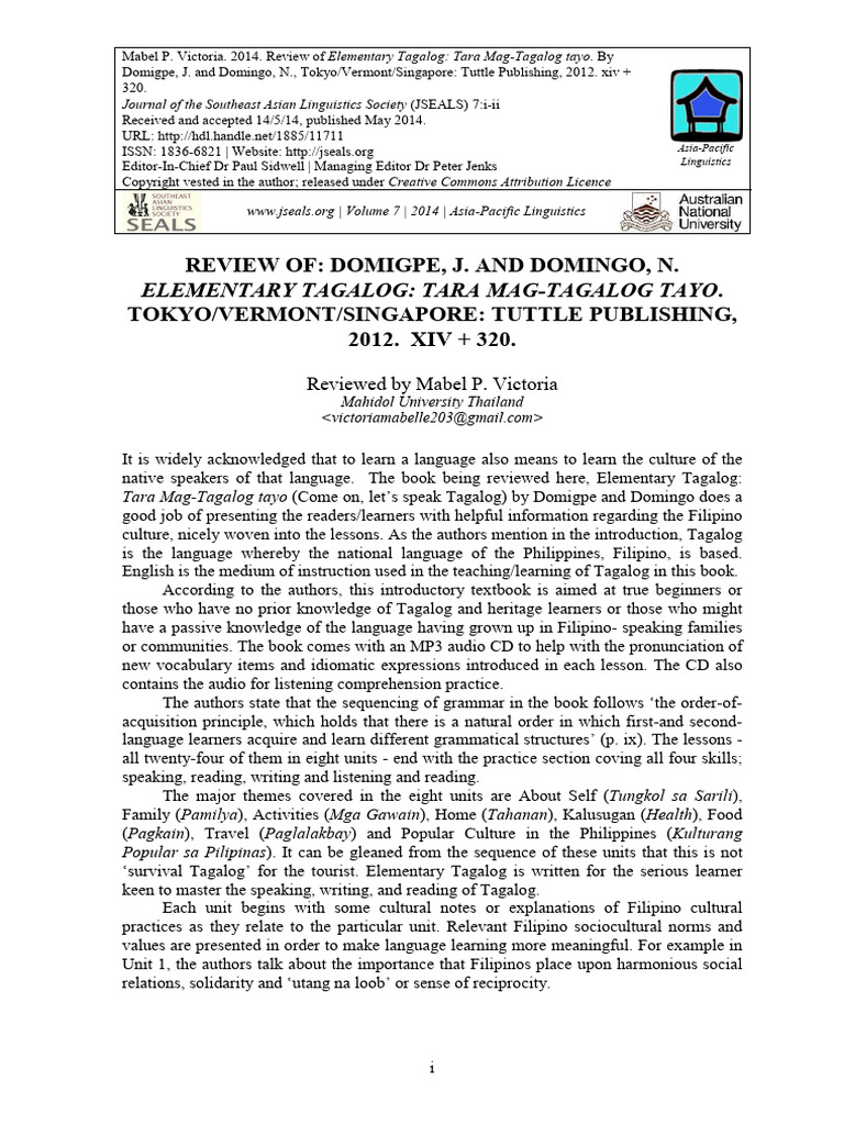 Book Review ELEMENTARY TAGALOG TARA MAG | PDF | Vocabulary | Reading ...