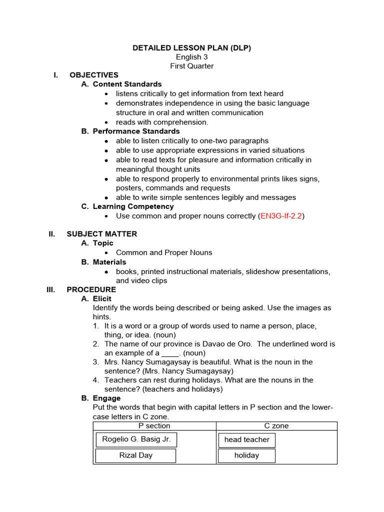 English 3 Lesson Plan: Nouns Focus | PDF | Human Communication | Cognition