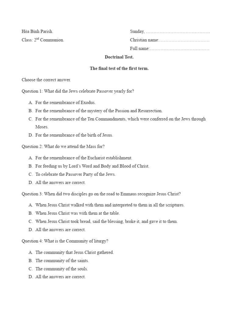 Doctrinal Test | PDF | Eucharist | Mass (Liturgy)