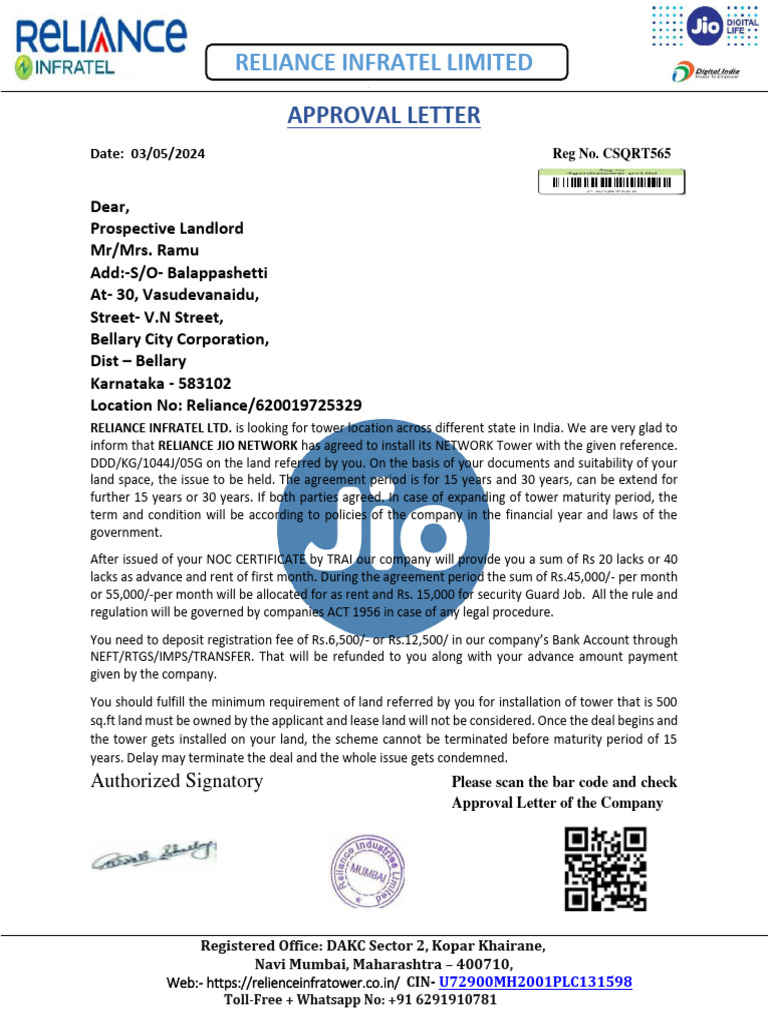APPROVAL LETTER RELIANCE INFRATEL LIMITED PTD | PDF
