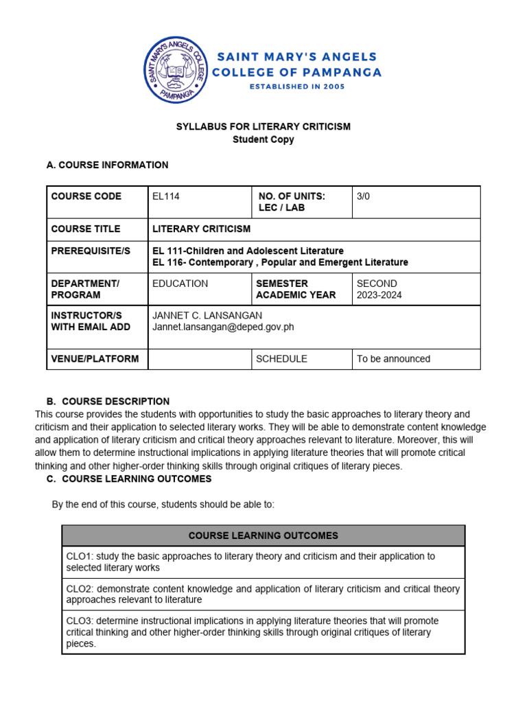 Smacp College Syllabus Literary Criticism | PDF | Genre | Critical Thinking