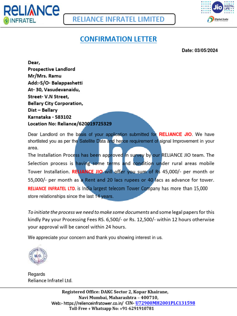 CONFIRMATION LETTER RELIANCE INFRATEL LIMITED Ptd. | PDF