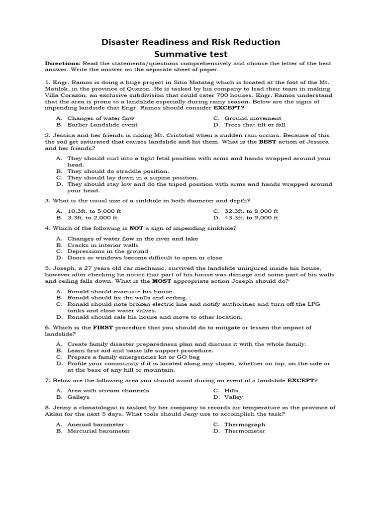 Disaster Readiness and Risk Reduction Summative Test | PDF | Fires ...