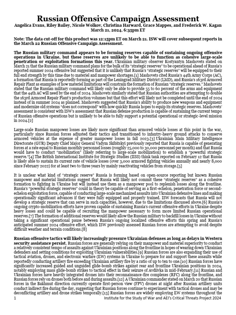 Russian Offensive Campaign Assessment, March 21, 2024 PDF | PDF | Military Science | Military