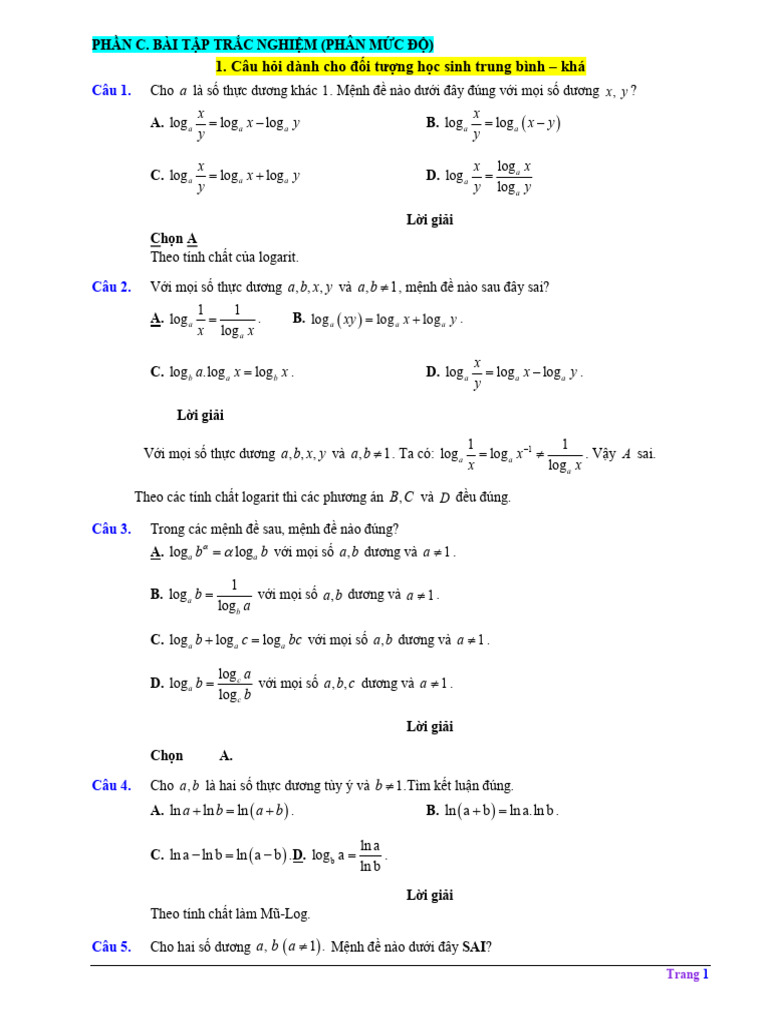 BÀI 19. lời giải trắc nghiệm Lôgarit | PDF