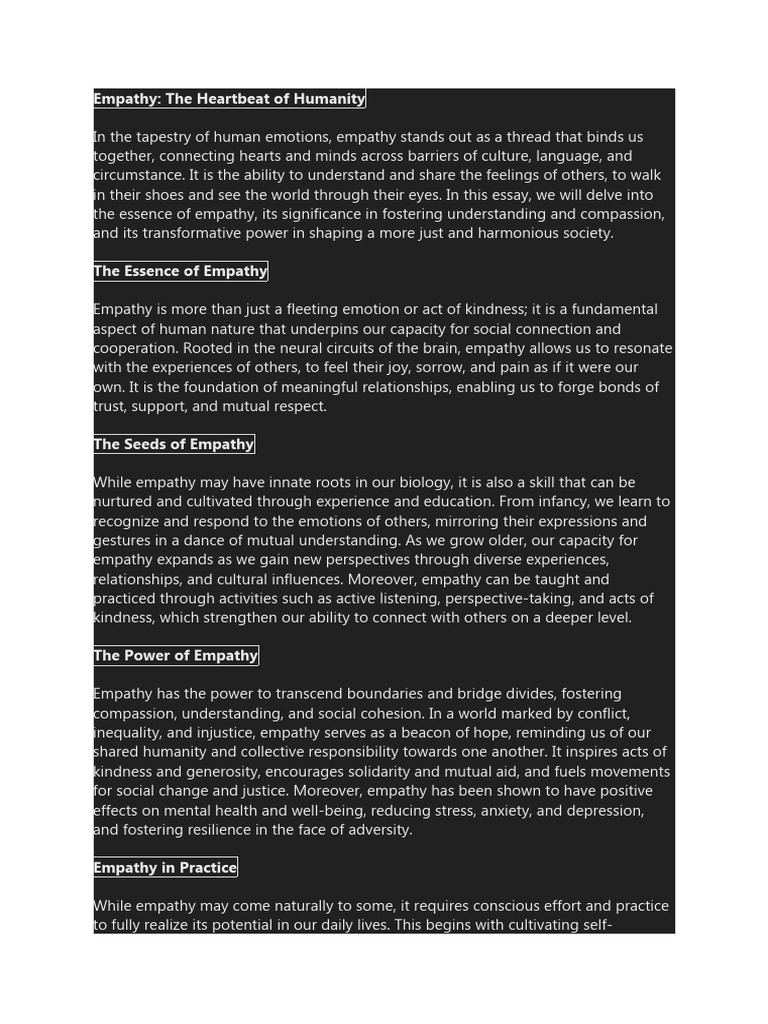 Essay About Empathy | PDF | Empathy | Compassion Essay About Empathy | PDF | Empathy | Compassion