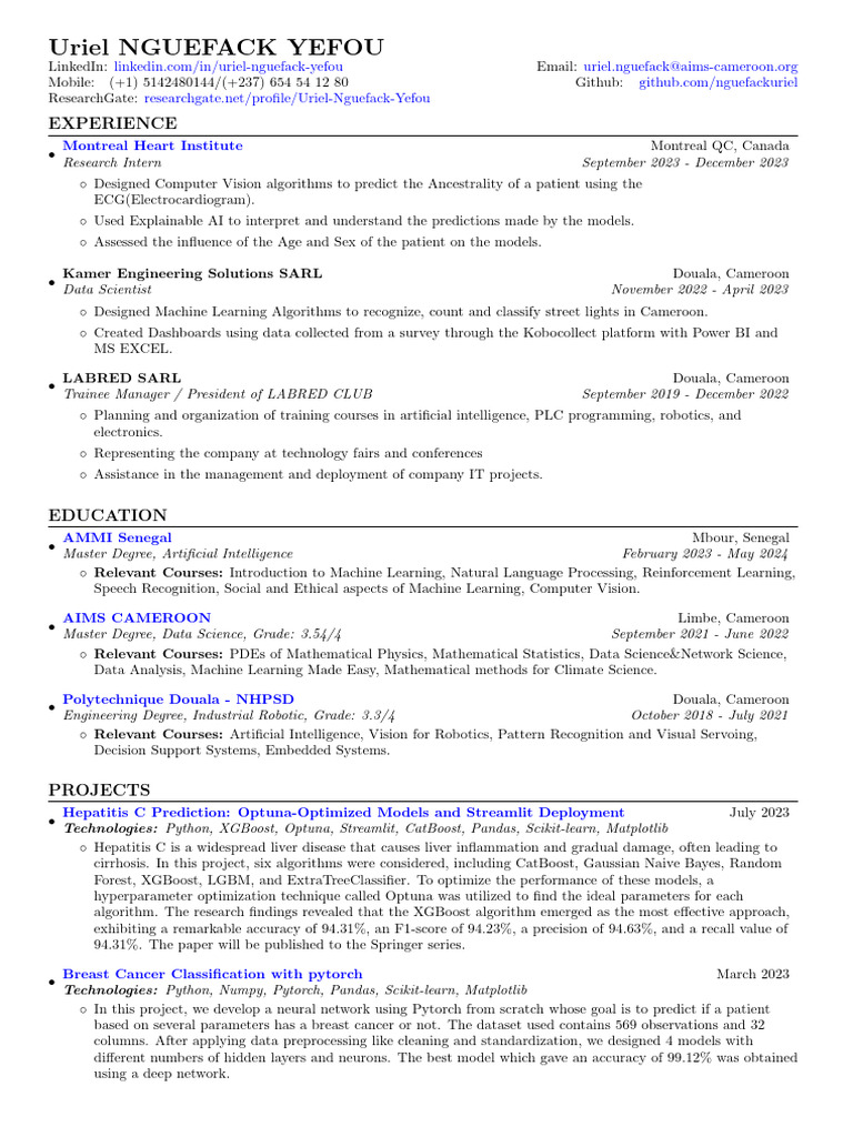 CV Uriel Nguefack L PDF | PDF | Machine Learning | Artificial Intelligence