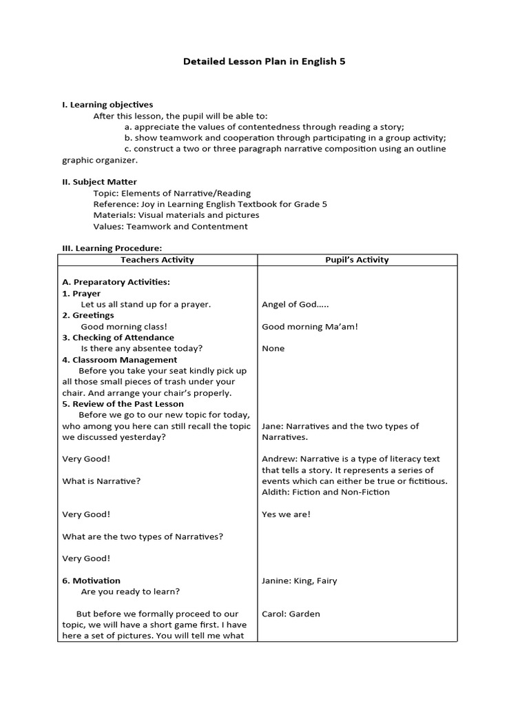Detailed Lesson Plan From 1-4 | PDF | Lesson Plan | Narrative