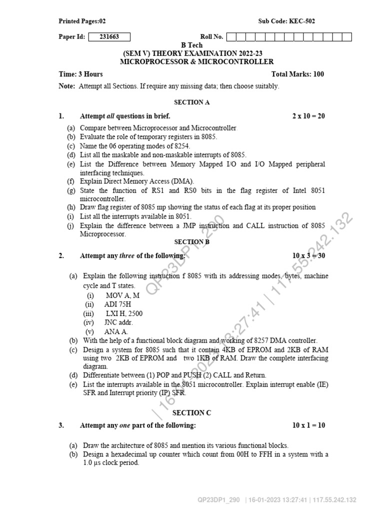 Btech Ec 5 Sem Microprocessor Microcontroller Kec502 2023 Pdf Microcontroller Computer
