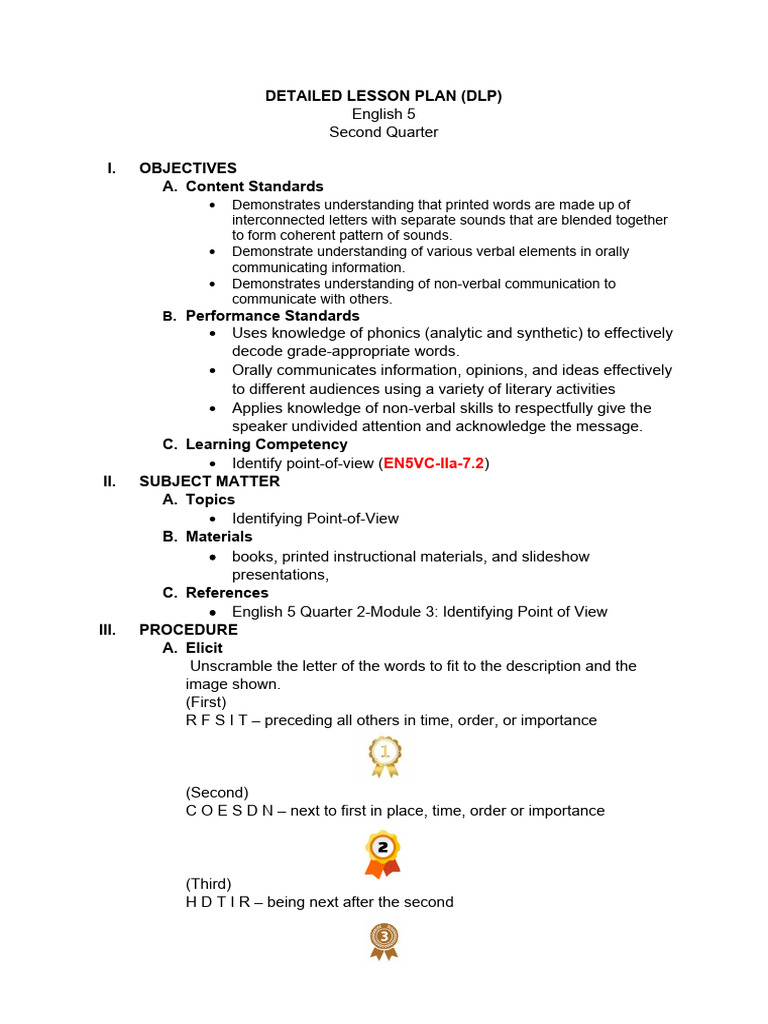 English 5 Lesson Plan: Point of View | PDF | Narration | Word