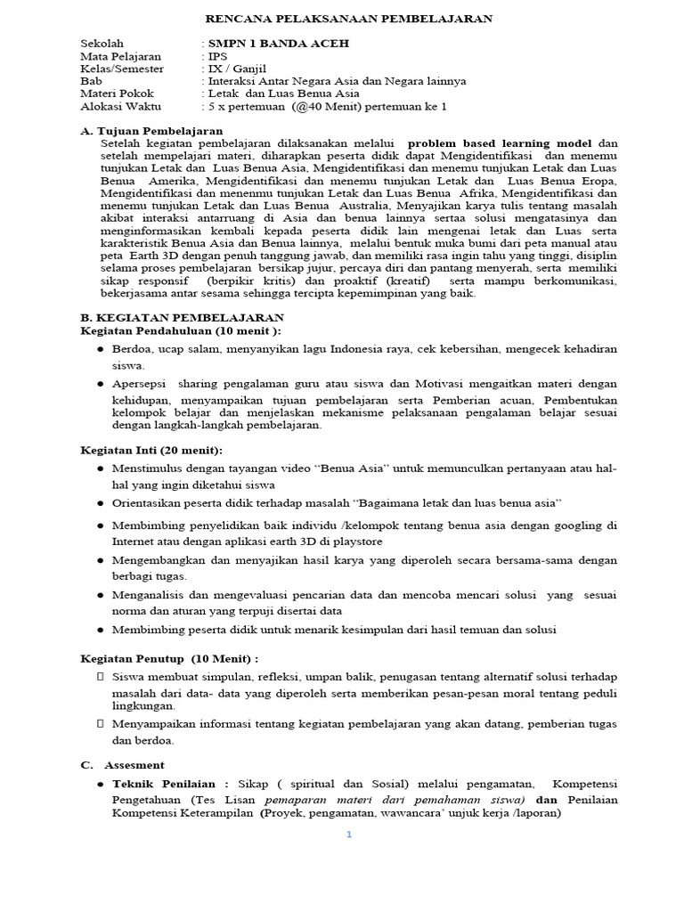 RPP IPS Kelas IX: Benua Asia | PDF | Kesehatan Holistik