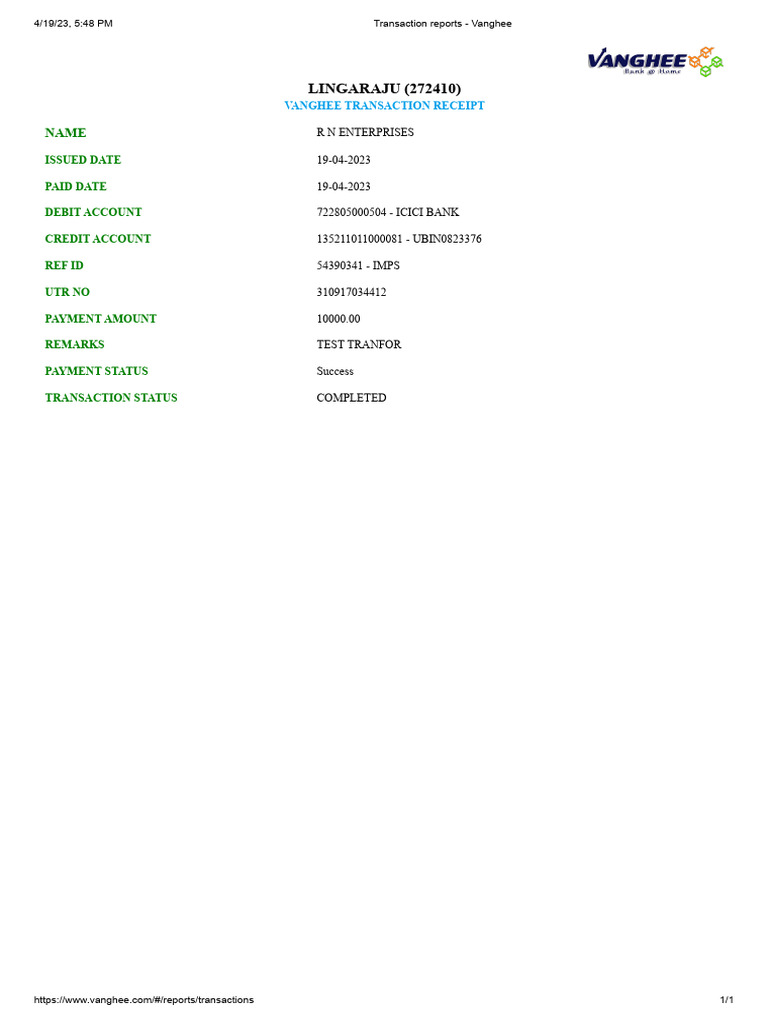 Transaction Reports - Vanghee | PDF