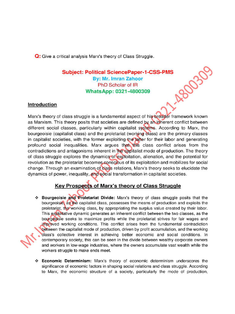 Solved Question Marx Theory of Class Struggle | PDF