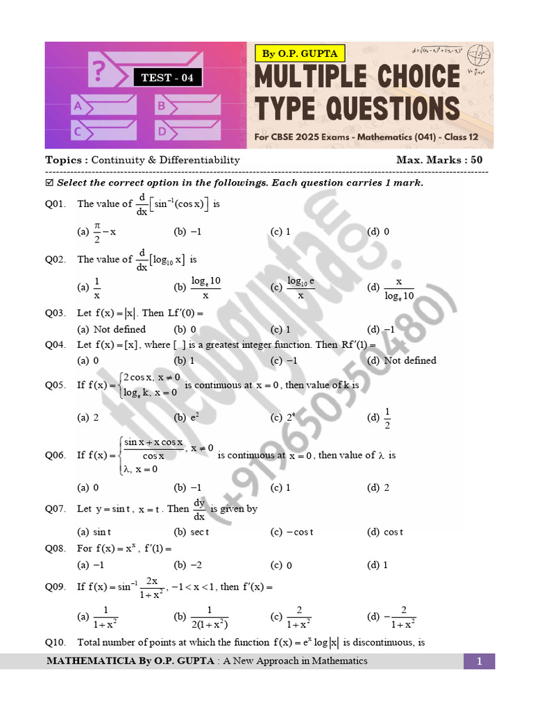 4 MCQ - Continuity & Differentiability | PDF | Function (Mathematics) | Multiple Choice