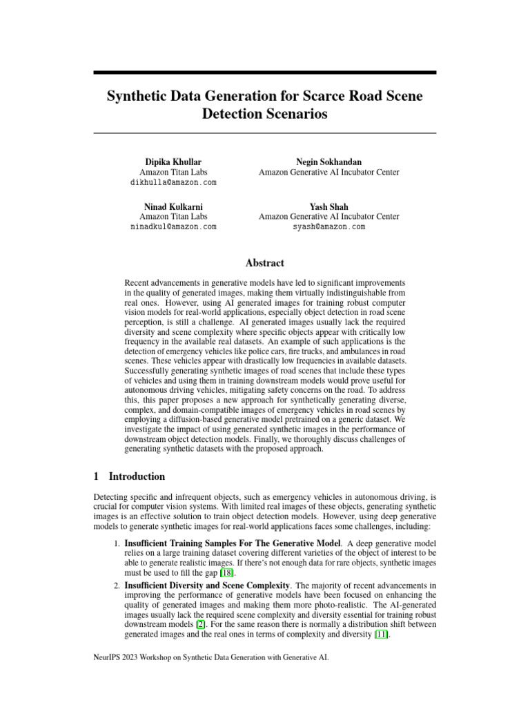Synthetic Data Generation For Scarce Road Scene Detection Scenarios