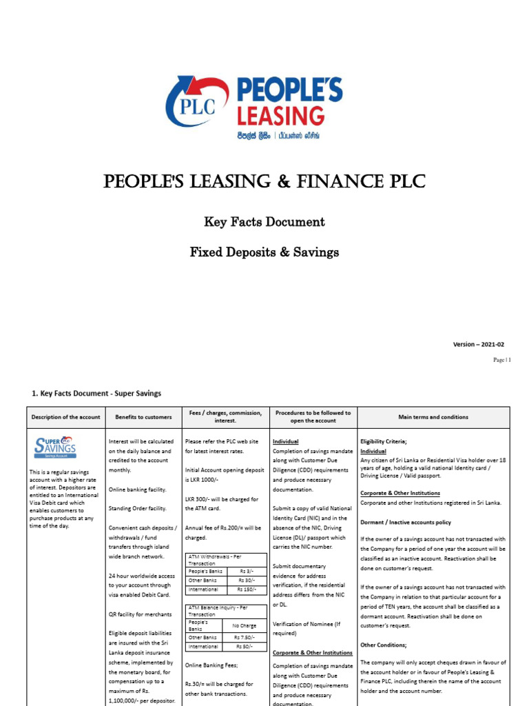 Key Facts Document FD Savings Englis Version 2021 02 04 11 2021 | PDF ...