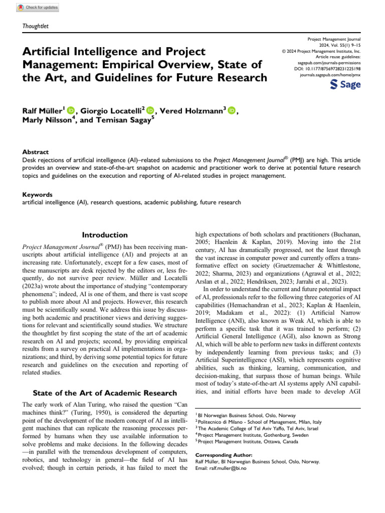 Muller Et Al 2024 Artificial Intelligence and Project Management Empirical Overview State of The ...