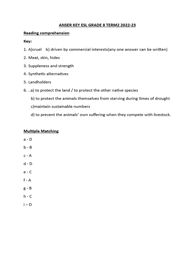 Anser Key Esl Grade 8 Term2 2022 | PDF