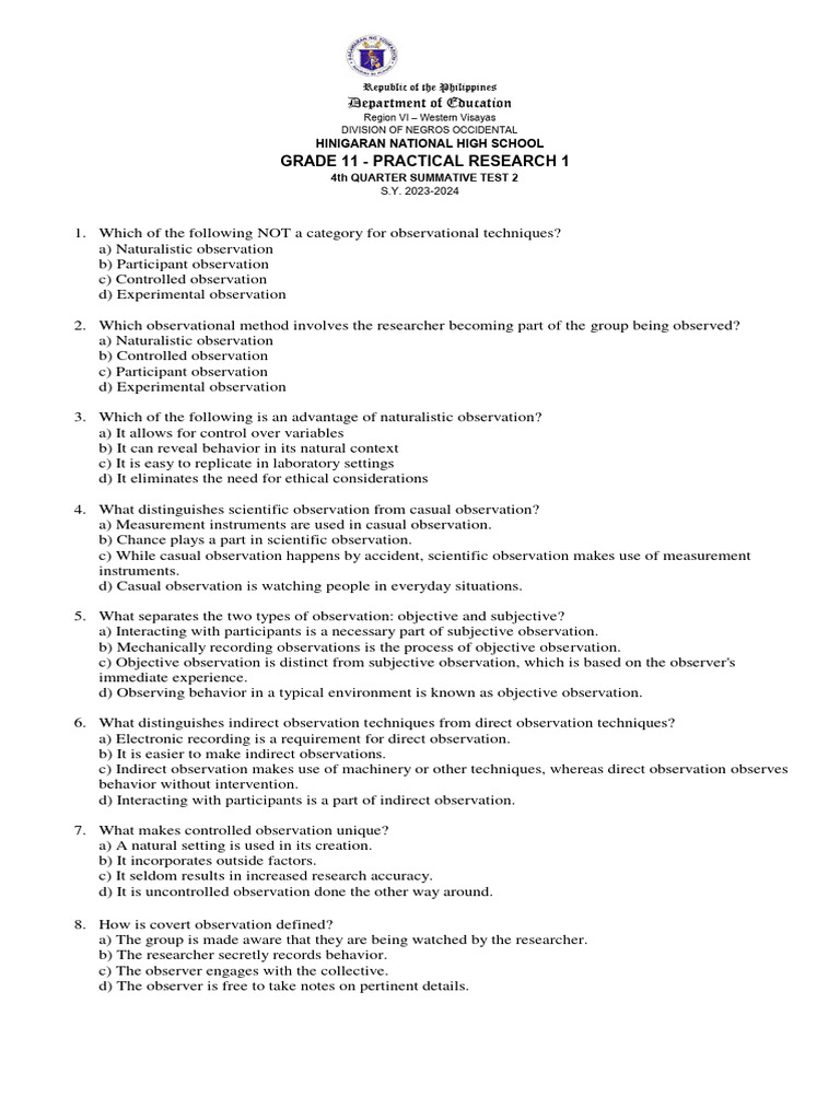 Grade 11 - Practical Research 1: Hinigaran National High School | Download Free PDF | Survey ...