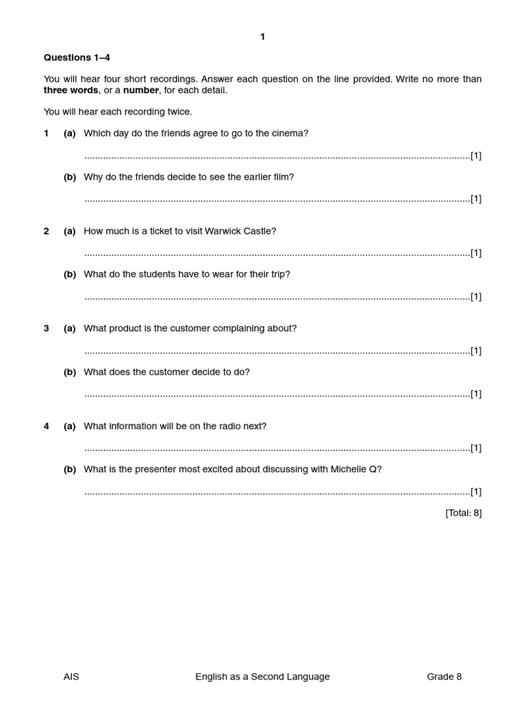 ESL Listening Practice: Grade 8 Exercises | PDF | English Language ...