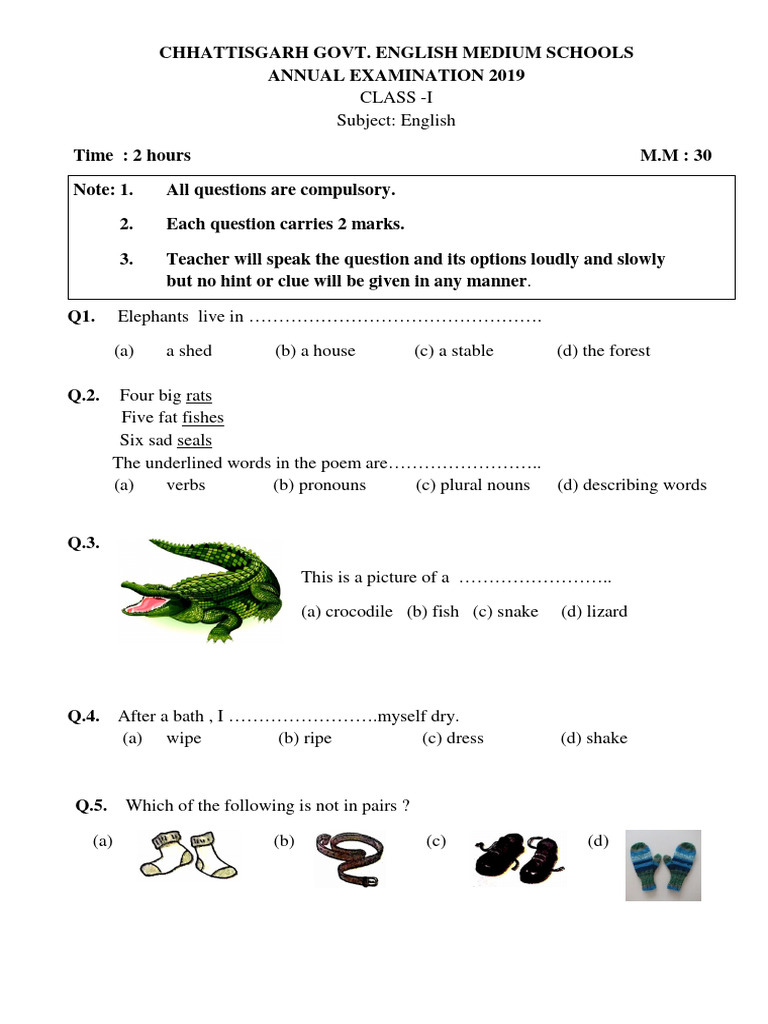 CBSE Class - 1 English Set - 1 Question Paper-1 | PDF | English ...