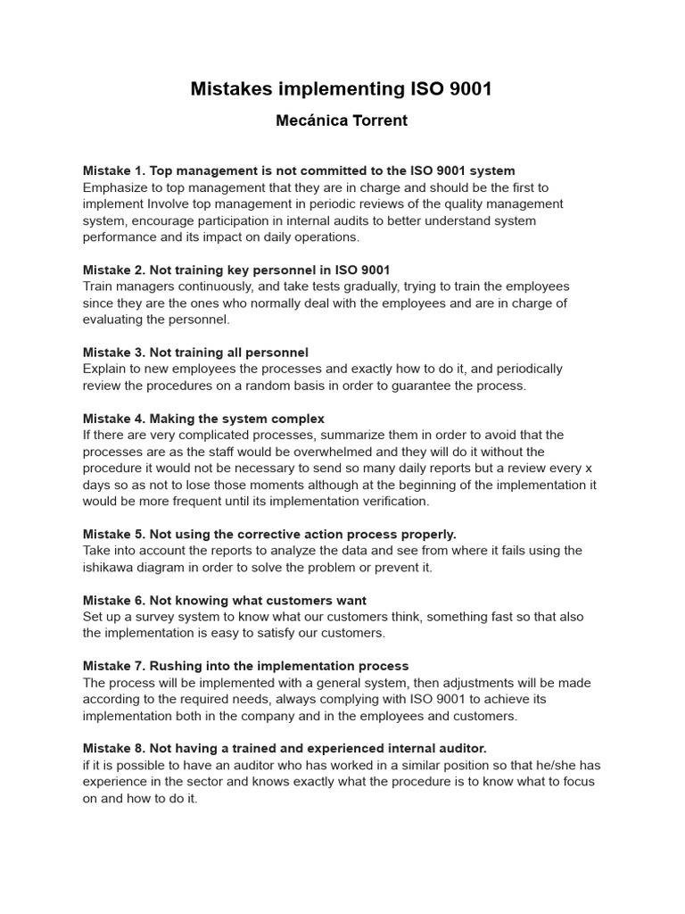 Common ISO 9001 Implementation Mistakes | PDF | Iso 9000 | Internal Audit