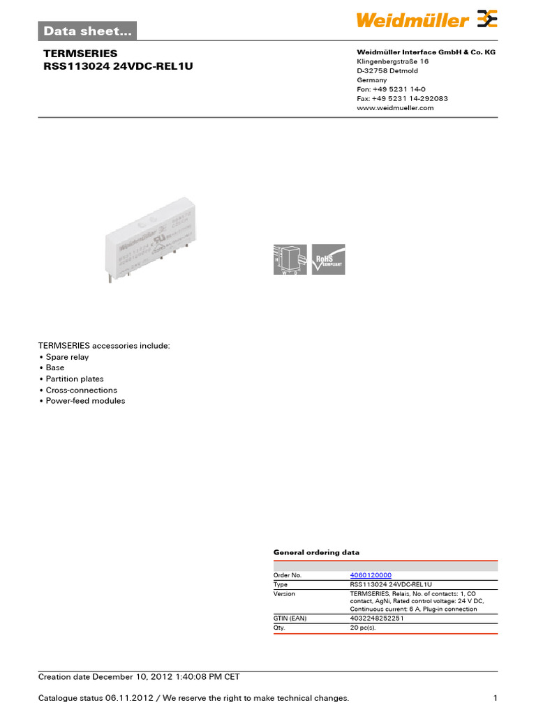 Weidmuller 4060120000 Datasheet | PDF | Relay | Electrical Engineering