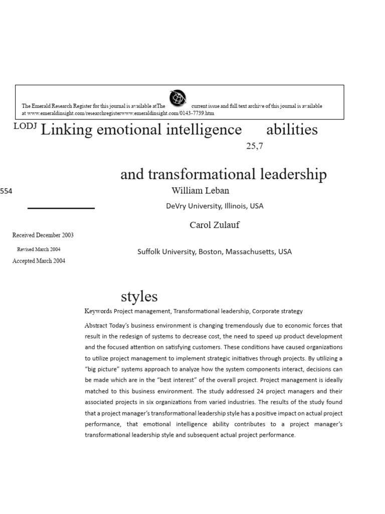 Linking Emotional Intelligence Abilities and Transformational Leadership Styles | PDF ...