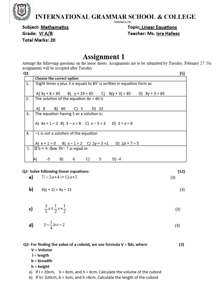 Maths Assignment 1 Grade Vi Pdf