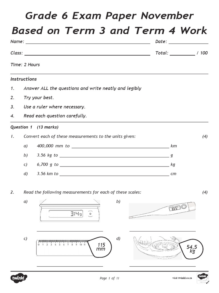 Grade VI Maths Exam | PDF | Rectangle | Euclidean Geometry