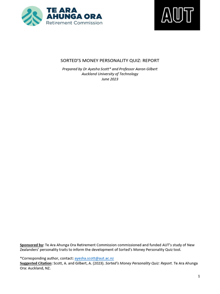 New Zealand Money Personality Quiz Report | PDF | Impulsivity | Risk