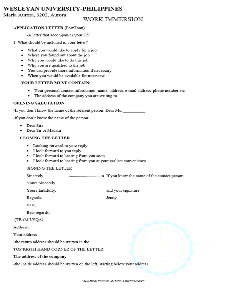 Work Immersion Application Letter and Resume | PDF