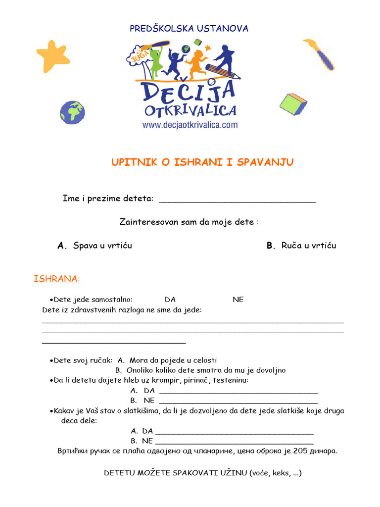 Upitnik o Ishrani I Spavanju | PDF