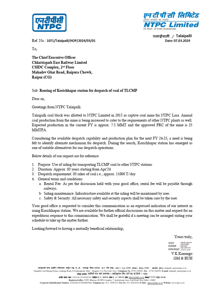 Korichhapar Renting Request Letter From NTPC Talaipalli | PDF