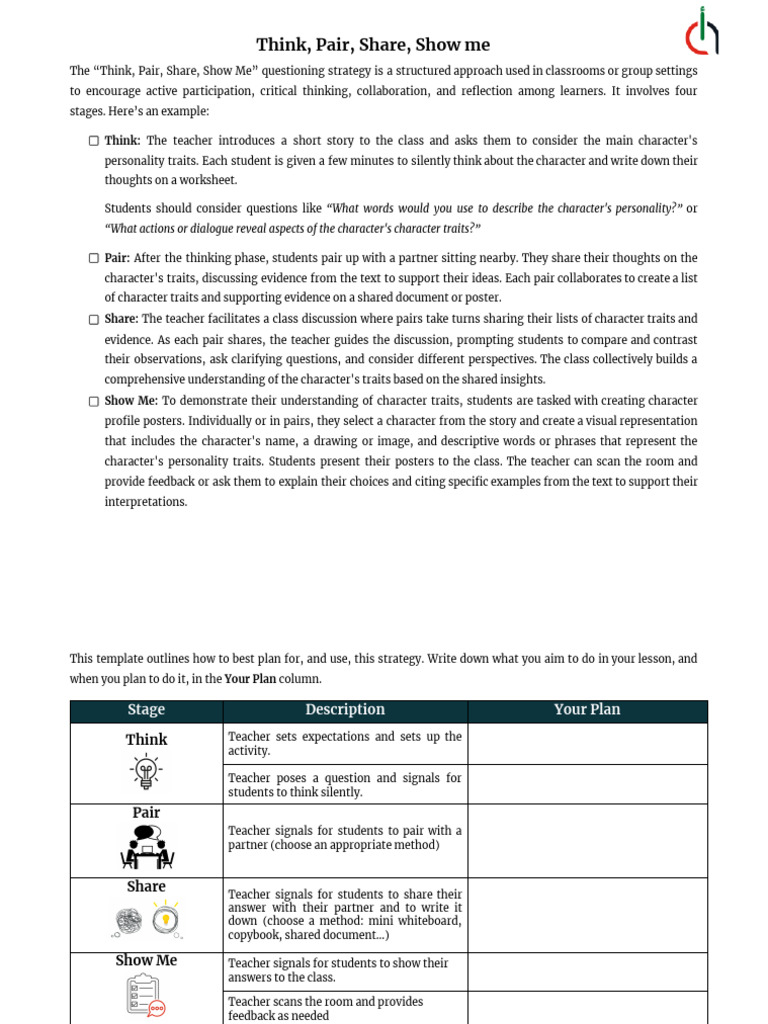 Think, Pair, Share, Show Me Example | PDF | Thought | Teachers