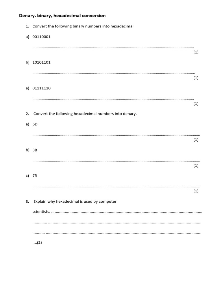 Binary Denary and Hexadecimal | PDF | Computing | Notation