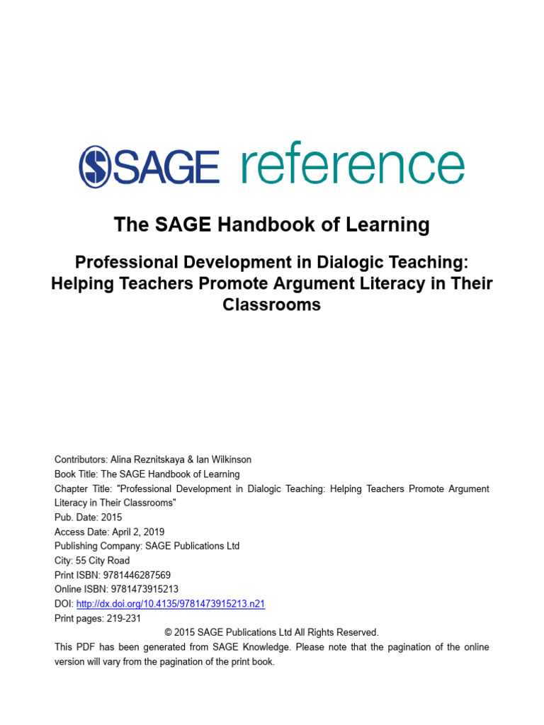 Reznitskaya & Wilkinson Dialogic Teaching - Argument Literacy | PDF | Pedagogy | Teachers