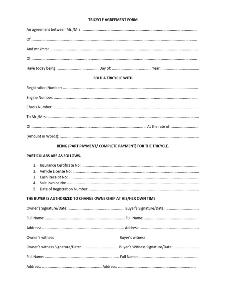 Tricycle Sale Agreement Form | PDF