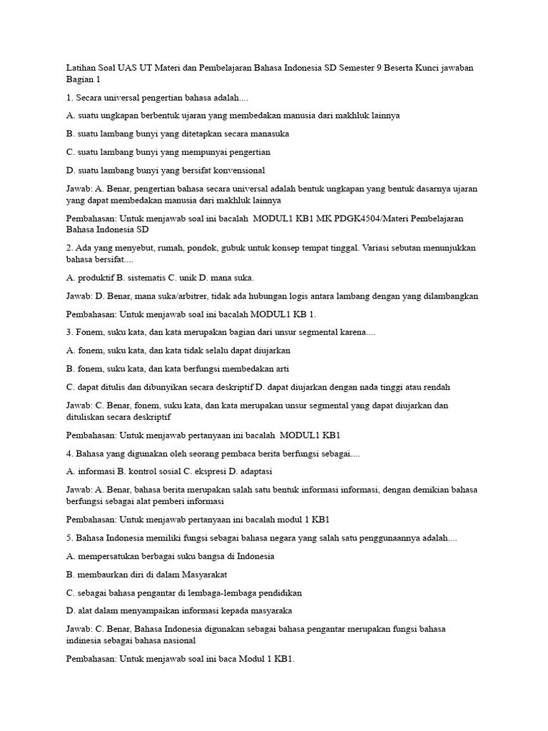 Latihan Soal UAS UT Materi Dan Pembelajaran Bahasa Indonesia SD Semester 9 Beserta Kunci Jawaban ...