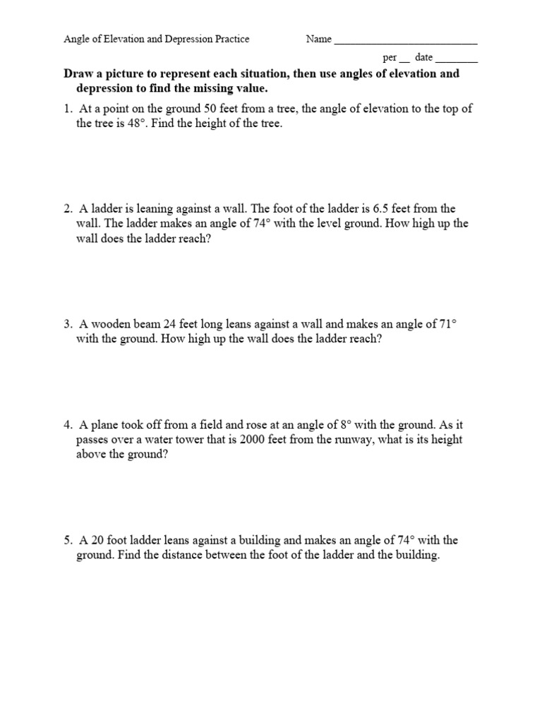 Angle of Elevation and Depression Practice | PDF | Ladder | Shadow