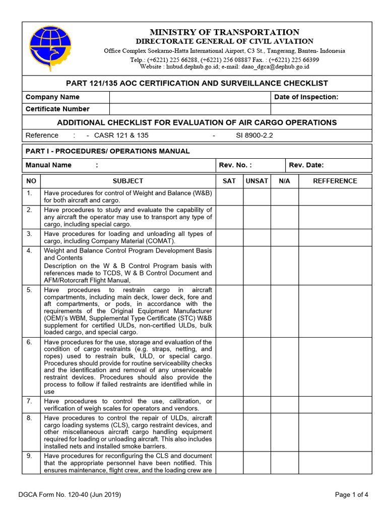 DGCA Form 120-40 Additional Checklist For Evaluation of Air Cargo ...