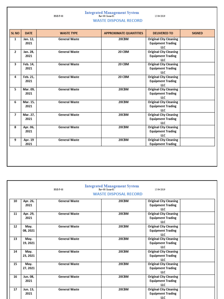 HSE-F-08 Waste Disposal Form | PDF | Waste | Pollution