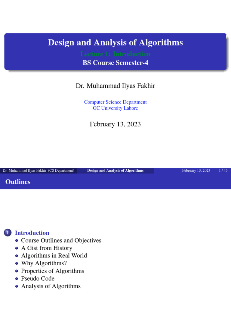 Lecture 01 Bs Aanalysisofalgorthims Introduction Pdf Algorithms Computer Programming