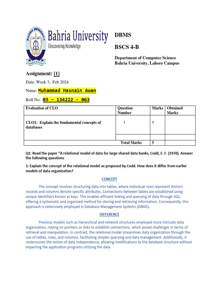 DBMS Assignment 1 Bahria University Lahore Campus 2024 | PDF | Relational Model | Relational ...