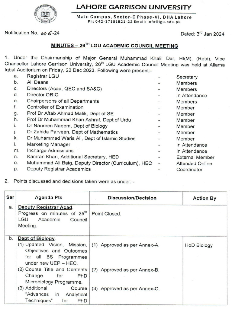 Minutes of 26th LGU ACM | PDF
