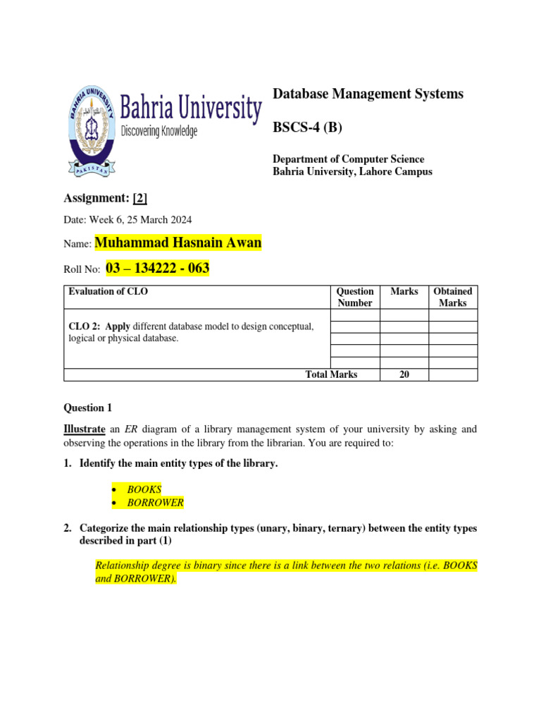 Dbms Assignment 2 Bahria University Lahore Campus 2024 Pdf Relational Database Data Model