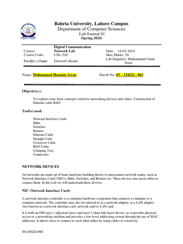 DCN Lab Journal 1 Bahria University Lahore Campus 2024 | PDF | Network Switch | Computer Network